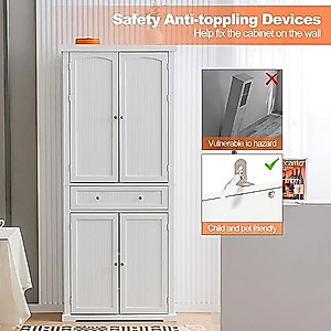 SILKYDRY 72" Tall Kitchen Pantry Cabinet, Freestanding Cupboard w/ 4 Doors & 1 Drawer, 6 Hanging Shelves & 4 Adjustable Shelves, Versatile Storage Cabinet for Dining Room, Laundry, Living Room, White