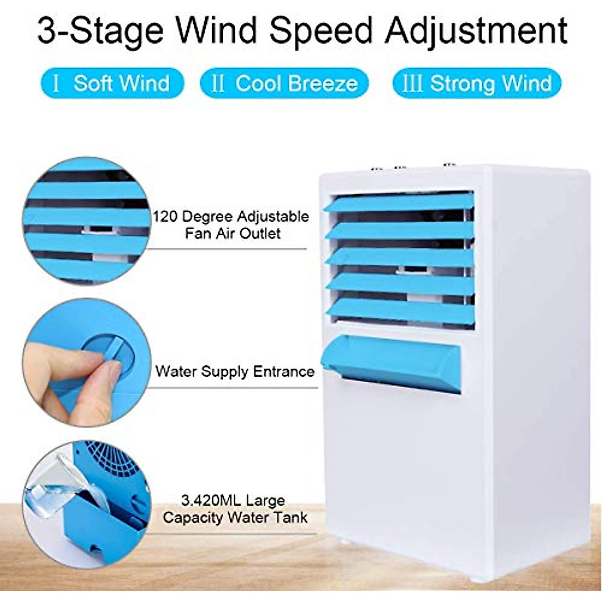 Personal Air Cooler - Evaporative Mini Air Conditioner with Icebox, 4-in-1 Portable Table Fan with 3 Fan Speeds, Quiet Mini Air Conditioner for Home & Office, Air Humidifier, AC Adapter Included