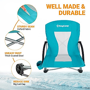 KingCamp Double Small Folding Portable Lightweight Low Sitting Sand Chair Beach Chairs for Adult with Cup Holder, Carry Bag Padded Armrest for Outdoor Beach Concert Traveling Festival BBQ