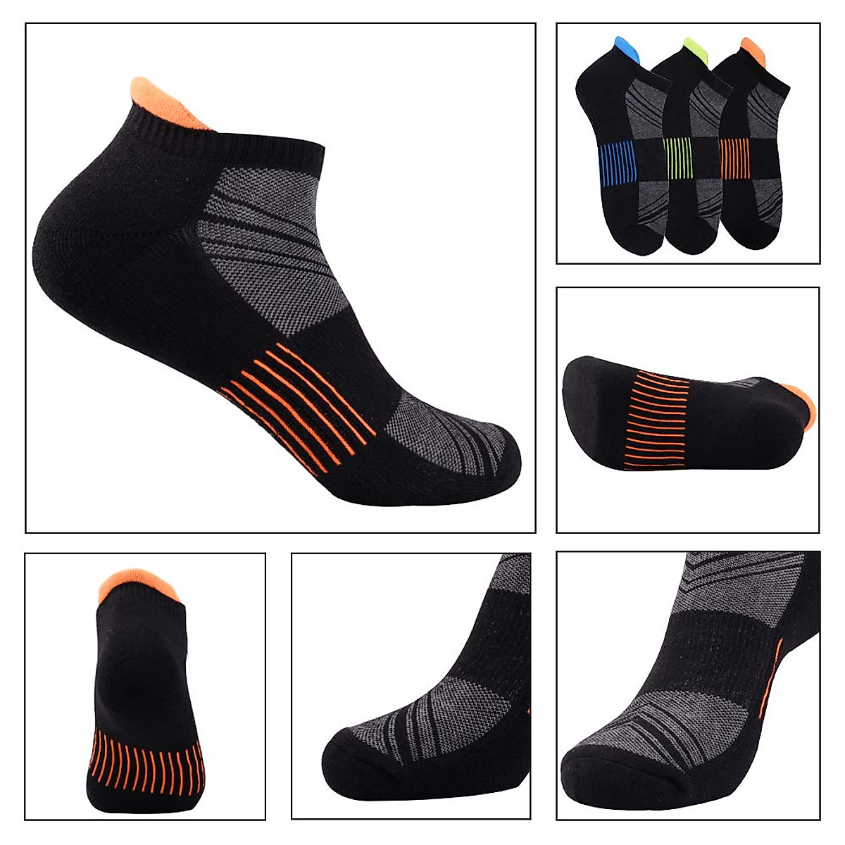 JOYNÉE Mens Ankle Low Cut Athletic Tab Socks for Men Sports Comfort Cushion Sock 6 Pack,Black,Sock Size 10-13