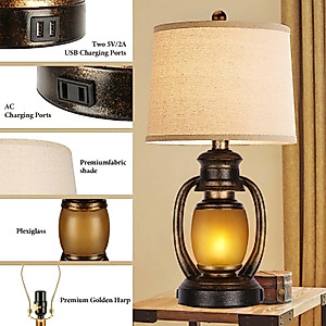 Set of 2 Rustic Living Room with 2 USB Port and Outlet,Farmhouse Table Bedside Lamps for Bedroom,Vintage Cottage Nightstand Lamps with Nightlight Miner Lantern