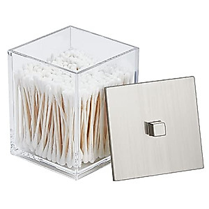 mDesign Modern Square Bathroom Vanity Countertop Storage Organizer Canister Jar for Cotton Swabs, Rounds, Balls, Makeup Sponges, Bath Salts - Clear/Brushed/Chrome