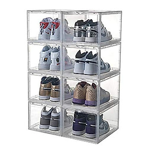 PUMPS&KICKS Shoe Storage Organizer Boxes | 3 Pack | Clear Plastic | Stackable for Closet | Drop Front Opening | Extra Large for High Top sneakers, Mens size 14 and Womens High Heels (Clear)