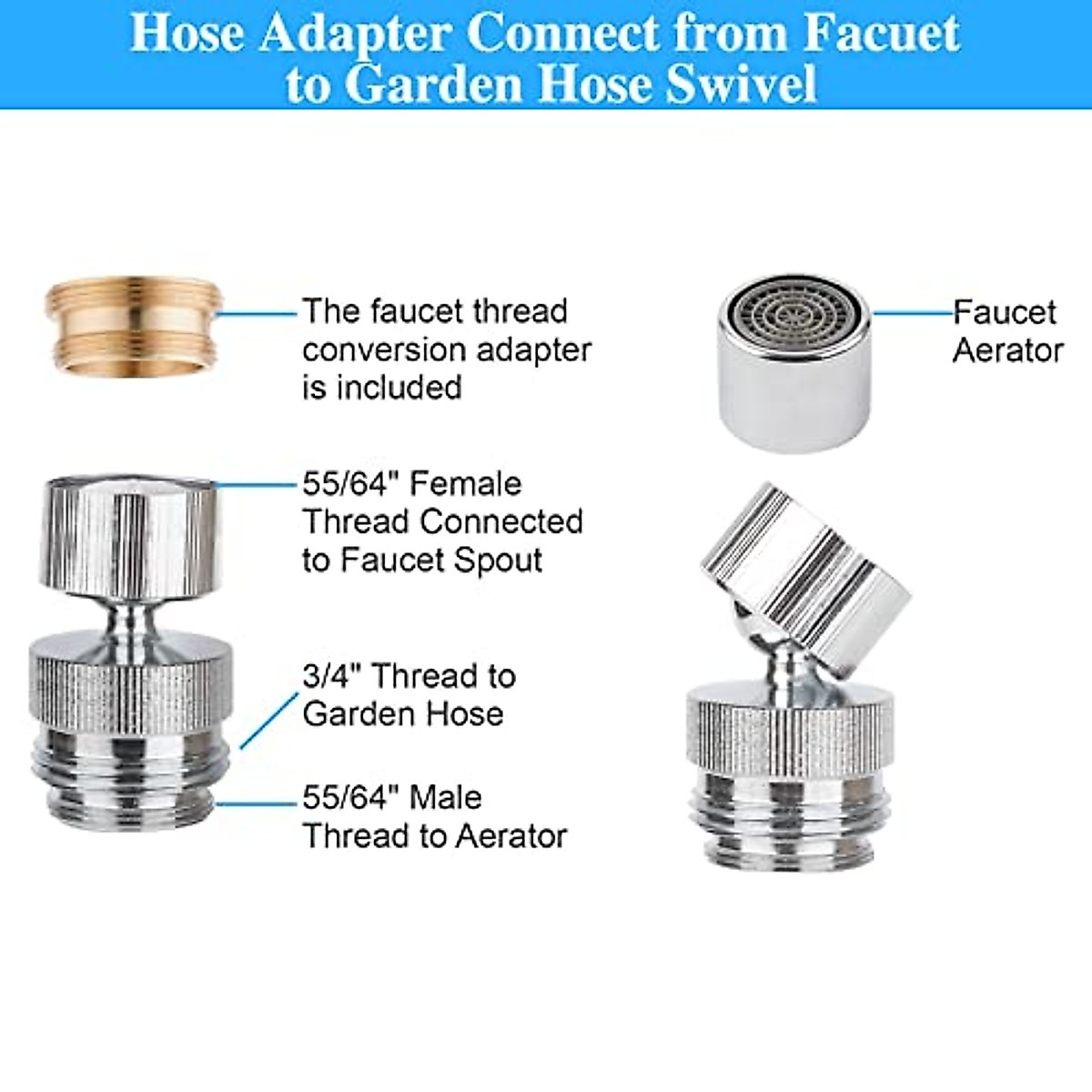 Swivel Faucet to Garden Hose Adapter Kit, Multi-Thread Garden Hose Adapter with Removal Faucet Aerator, 360-degree Swivel Faucet Adapter Connect Hose to Sink, Female Sink to Hose Faucet Adapter