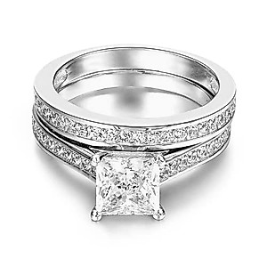 Engagement Ring for Women Princess Cut Halo Bridal Sets Moissanite Engagement Ring 18K White Gold Wedding Ring Set Free Engraving