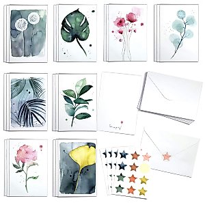 Colour Up Your Day Cute Watercolor Botanical Greeting Cards Box of 24 cards with Envelopes and Seal Stickers. All Occasion Blank Thank you cards, Appreciation, Birthday, Sympathy
