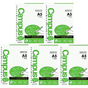 Kokuyo Campus Loose Leaf Paper for Binders, Sarasara Smooth Writing, A5, 5mm Grid Ruled, 20 Holes, 60 Sheets, pH Neutral, Bleed Resistant, 75gsm, Pack of 5, Japan Import. (NO-807S-5)