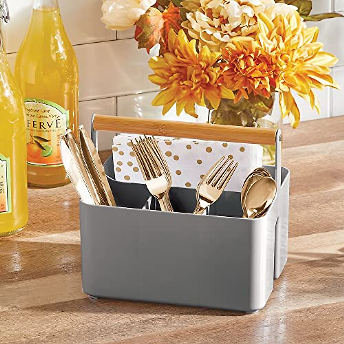 mDesign Plastic Portable Storage Organizer Kitchen Caddy Tote, Divided Bin with Wood Handle for Napkins, Silverware, Forks, Knives, Spoons - Store in Cabinets, Countertops - Charcoal Gray/Natural