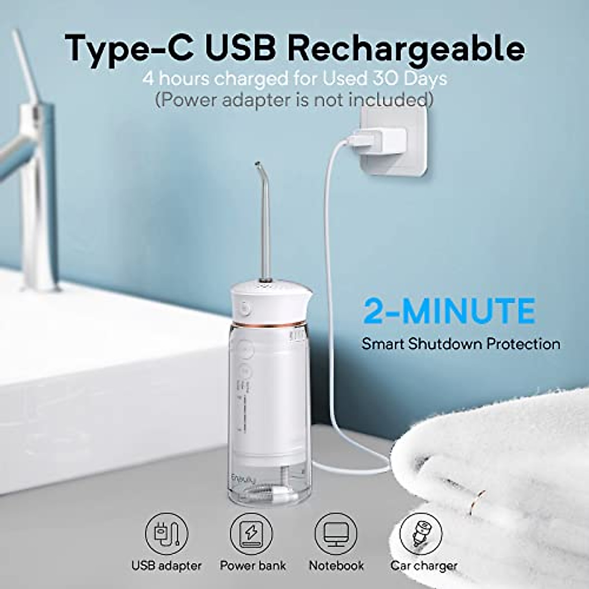 Water Flosser Cordless - ENPULY Portable Water Teeth Cleaner Pick with 3 Cleaning Modes & 5 Pressure Modes, 5 Jet Tips, IPX7 Waterproof, Rechargeable Oral Irrigator for Braces Bridges Tooth Care,White