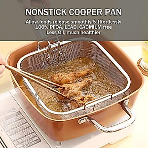 Feipone Non Stick Deep Frying Pan with Lid, 9.5” Copper Square Pan for Cooking, 6 Piece Saute Pan Set with Fry Basket, Steamer Rack, Oven Grips, Dishwasher & Oven Safe, 5 Quart Chef Cookware