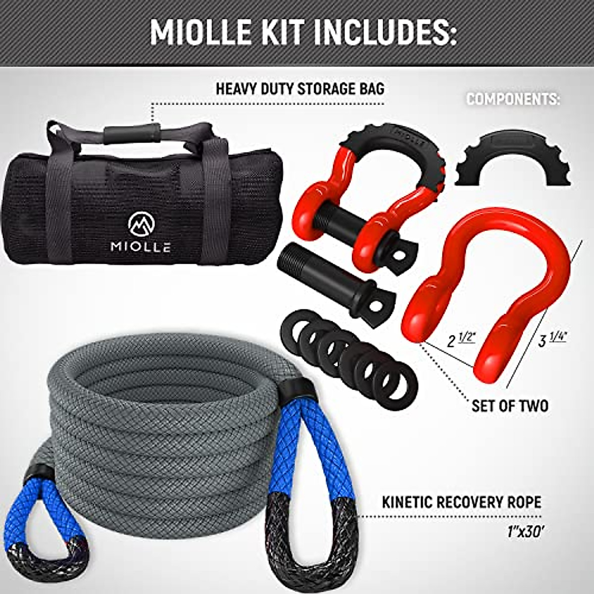 Kinetic Recovery Tow Rope (33,900lbs), with 2 D Ring Shackles (41,800lbs), Tow Rope for Truck Heavy Duty, Offroad Recovery Kit for 4WD Pick Up Truck, SUV, ATV, UTV (Silver-Blue, 1x30)