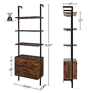 Wall Mounted Ladder Shelf with Drawers, 4 Tier Ladder Bookshelf with Metal Frame and Wood Shelf, Vintage Learning Bookcase for Living Room, Bedroom, Office (23.6" W x 11.8" D x 70.8" H, Rustic Brown)