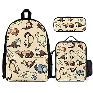 Supdreamc 3 Piece Rucksacks Hairy Ferret Art Camping Outdoor Backpack Sets - Large Capacity Multipurpose Carry On Bag+Lunch Bag+Pencil Case