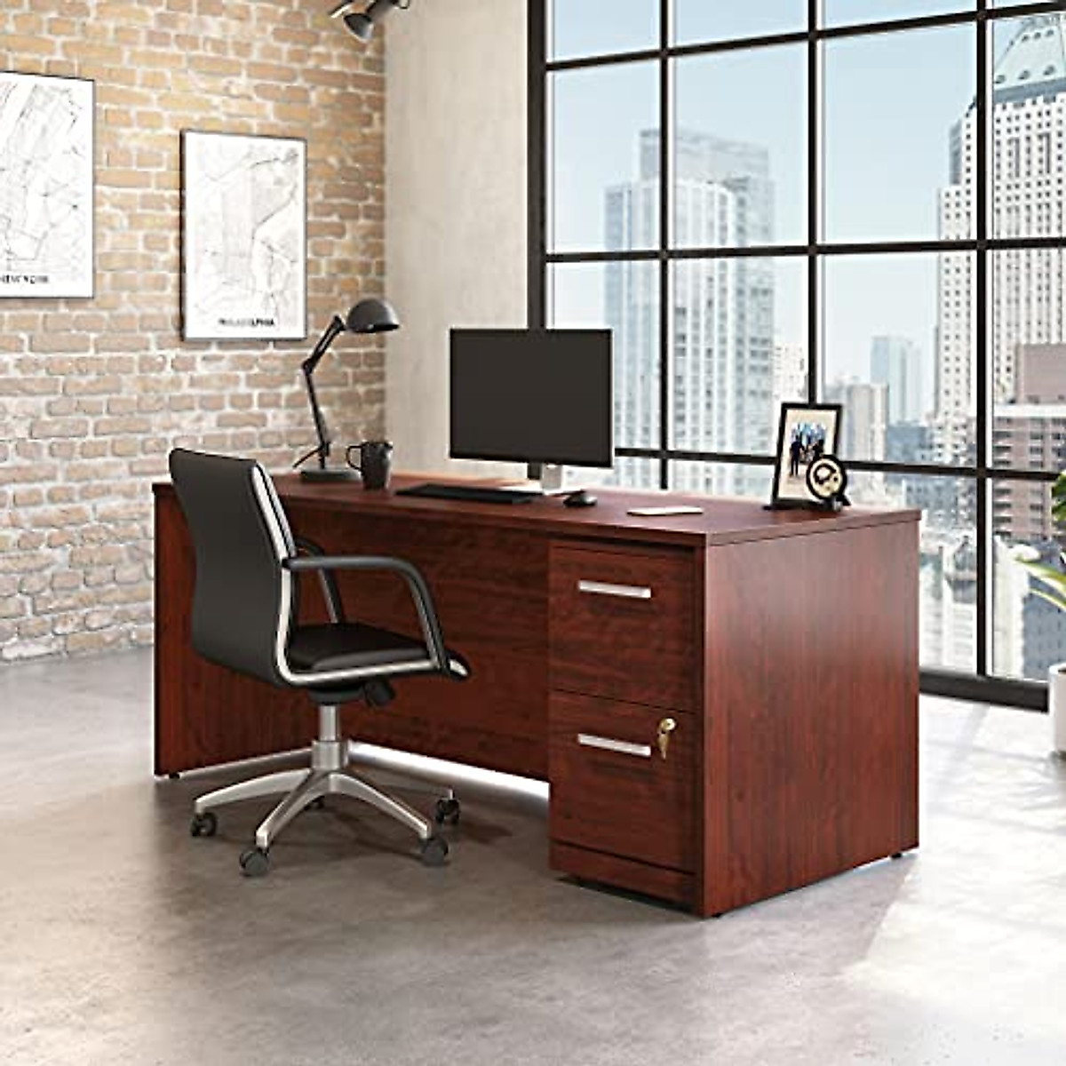 OfficeWorks by Sauder Affirm 72 X 30 Shel 2 Drawer Pedestal Ste, L: 71.10" x W: 29.53" x H: 29.29", Classic Cherry Finish