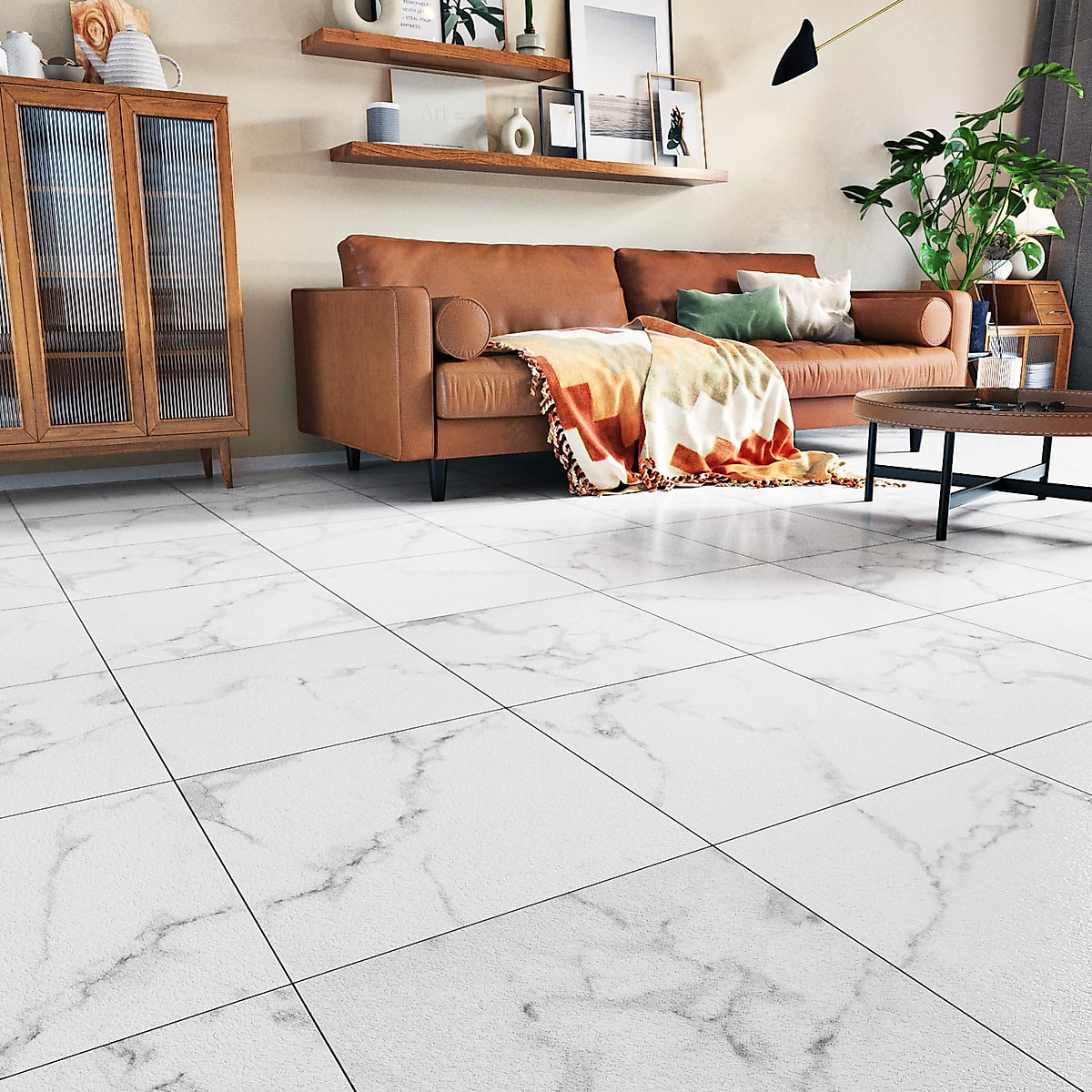 Skyblur 32 PCS Peel and Stick Floor Tile for Kitchen Sticky Vinyl Flooring Tile White Marble Floor Tiles Peel and Stick Waterproof Removable Laminate Flooring for Bedroom RV Garage Floor 12"X12"