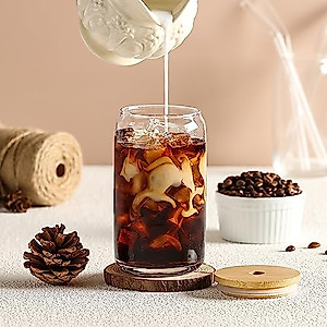 [ 12pcs Set ] Glass Cups with Bamboo Lids and Glass Straw - Beer Can Shaped Drinking Glasses, 16 oz Iced Coffee Glasses, Cute Tumbler Cup for Smoothie, Boba Tea, Whiskey, Water - 4 Cleaning Brushes