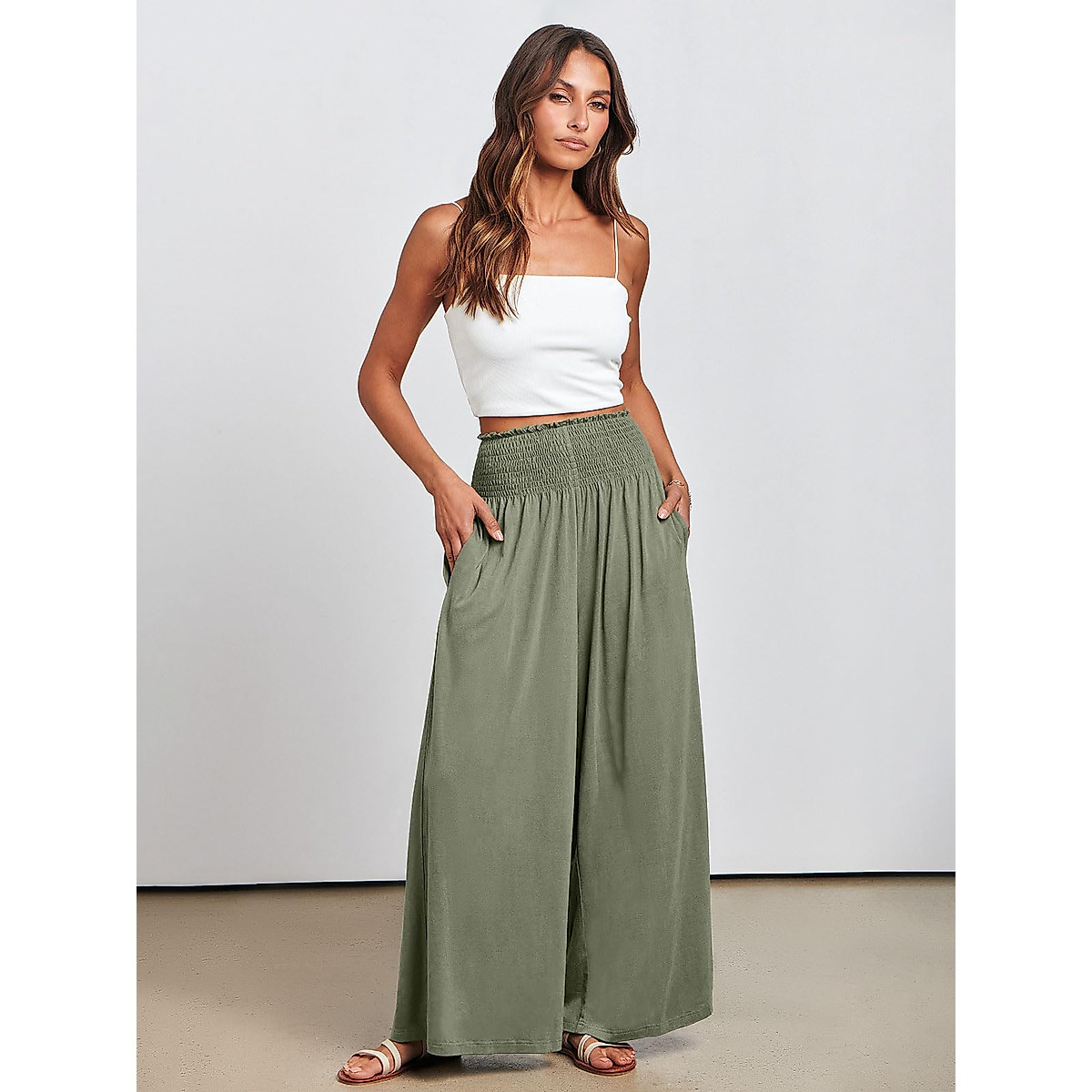 ANRABESS Women Palazzo Pants Summer Boho Bagyy Wide Leg High Smocked Waist Casual Loose Lounge Pant with Pocket Olive X-Large