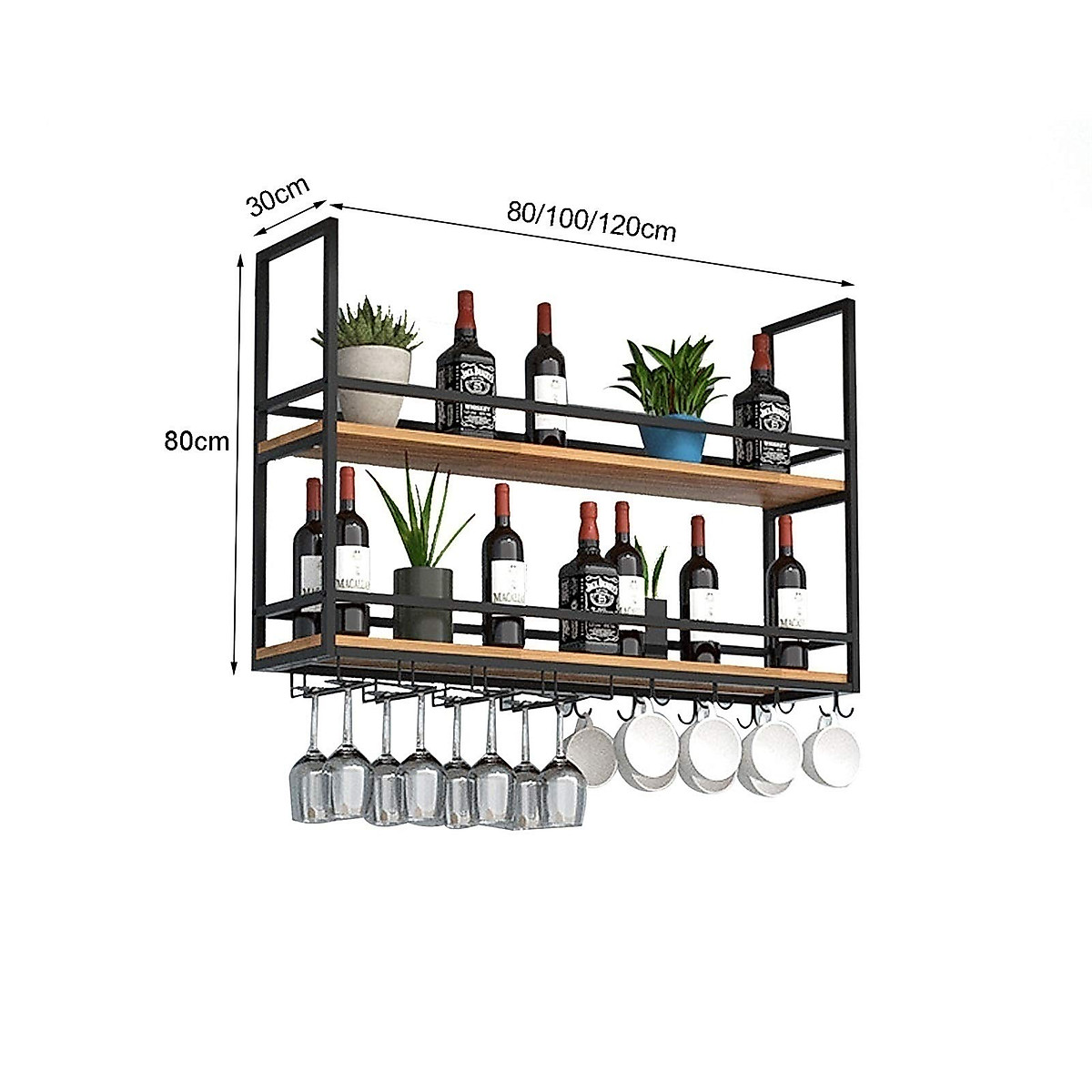 2 Tier Ceiling Wine Rack Black, Industrial Floating Shelves Wine Glass Rack with Guardrail, Hanging Decoration Storage Rack for Bar/Living Room/Dining Room