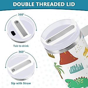 RPLIFE Cute Cartoon Dinosaurs White Coffee Tumbler with Handle, Stainless Steel Bottle, Insulated Cup with Straw, Coffee Tumbler for Women