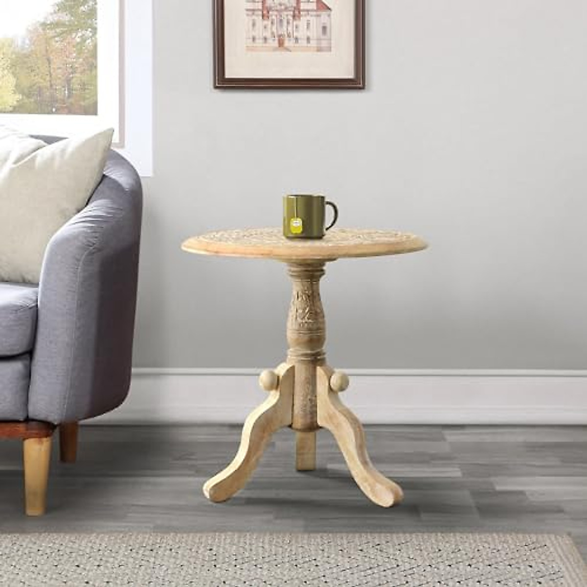 Gualiy Round Top Mango Wood Side End Table with Pedestal Base, Side Tables Bedroom, 18.00" L x 18.00" W x 18.00" H