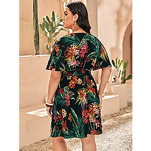 Floerns Women's Plus Size Tropical Print V Neck Short Sleeve Belted Short Dress Black Multi 2XL