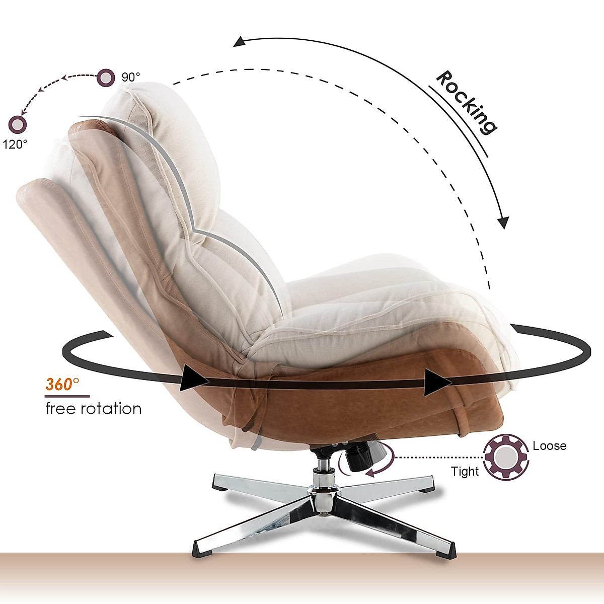 DUOMAY Swivel Accent Chair, Modern Linen Soft Foam Lounge Chair with High Back, Comfy Rocker Chair for Living Room Bedroom Reading Room Office, Tilt & Swivel, Chrome Base, Beige