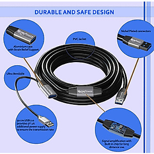 MutecPower 50 Feet Active USB 3.0 Male to Female Extension Cable USB A Repeater Extender Cord with 2 boosters & USB Power Supply - Black 15m – Compatible with Laptops, Hard Drives, Xbox, PS4, VR etc