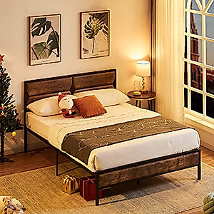 VECELO Full Size Platform Bed Frame with Wood Headboard/Mattress Foundation/Premium Steel Slats Support/No Box Spring Needed,Brown(Modern)