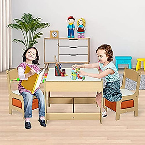 Kinlife Kids Table and Chair Set - 3 in 1 Wood Activity Table and 2 Chairs,Toddlers Arts Crafts Drawing Reading Playroom, Tabletop Storage Space Gift for Boys & Girls