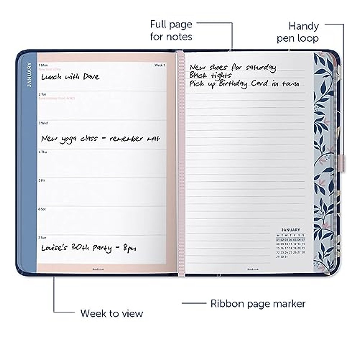 Busy B A5 To Do Diary January to December 2024 - Navy and Gold Floral - Week to View Diary with Notes, Tear-Out Lists & Pockets