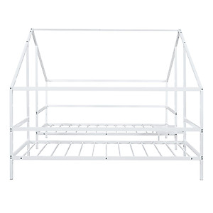 Merax Metal Double Twin Size Triangular House Beds with Built-in Table, White