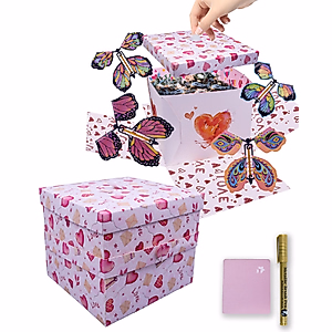 Butterfly Explosion Gift Box, Exploding Gifts Box with 4Pcs Butterflies, Flying Butterfly Surprise Box, Surprise Gifts Box for Birthday, Christmas, Wedding, Thanksgiving,Pink