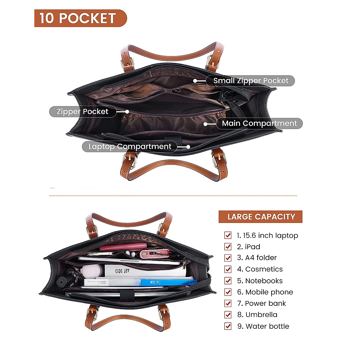 LOVEVOOK Laptop Tote Bag for Women, 15.6 inch Computer Tote Work Bag Purse, Large Waterproof Leather Professional Briefcase for Office, Work Travel