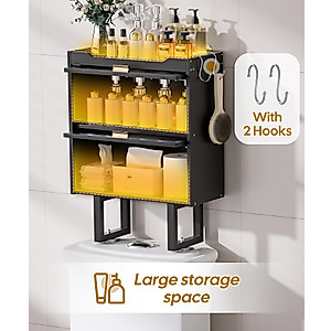 Cozivolife Over The Toilet Storage Cabinet,Bamboo Bathroom Organizer Rack with Lid and 2 Hooks,Space Saver Shelf for Bathroom,No Drilling Design Wall Mounted (Black, L)