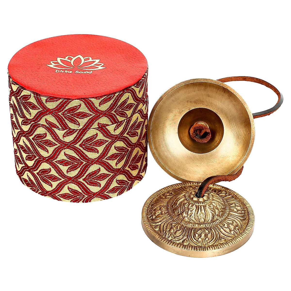 Divine Sound Tingsha Cymbals -Holy Buddha Lotus Symbol engraved Beautiful Gift Box for Meditation,Pray,Yoga,Sound healing, 7.6cm / 3" Nepal Tingsha Bell with Lather Strap Brass