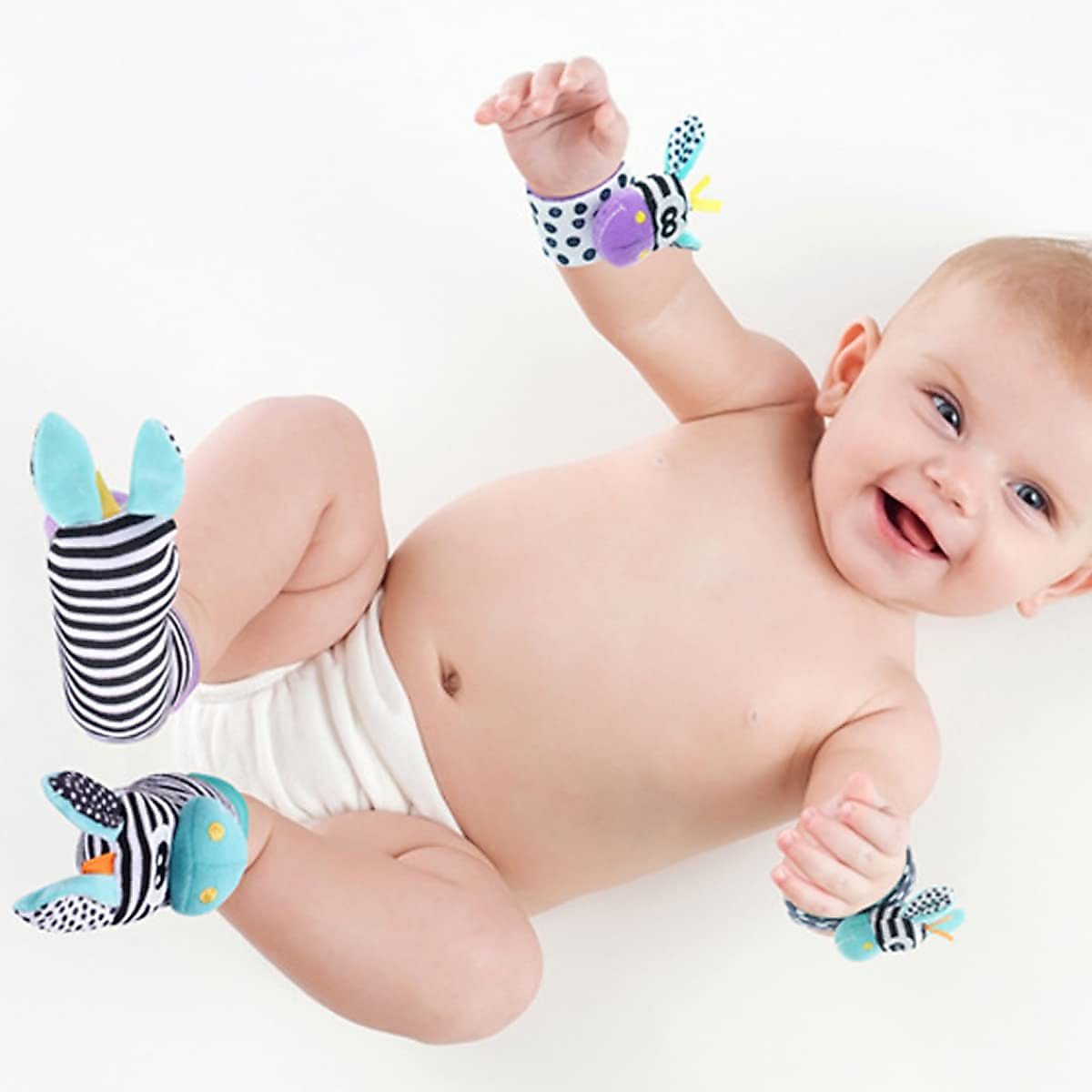 Baby Wrist Rattle Foot Finder Stockings Set, Soft Plush Hand and Feet Rattles for Babies, Infant Rattle Stockings Toy, Soft Sensory Development Toy for Newborn, Infant, Toddler Gift