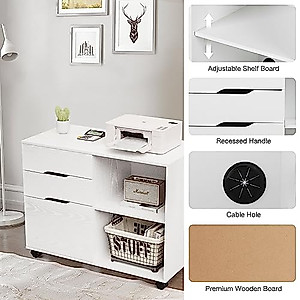 OLIXIS 3 Drawer Wood File Cabinet Small Mobile Lateral Filing Printer Stand Storage with Open Shelf Shelves for Home Office, White