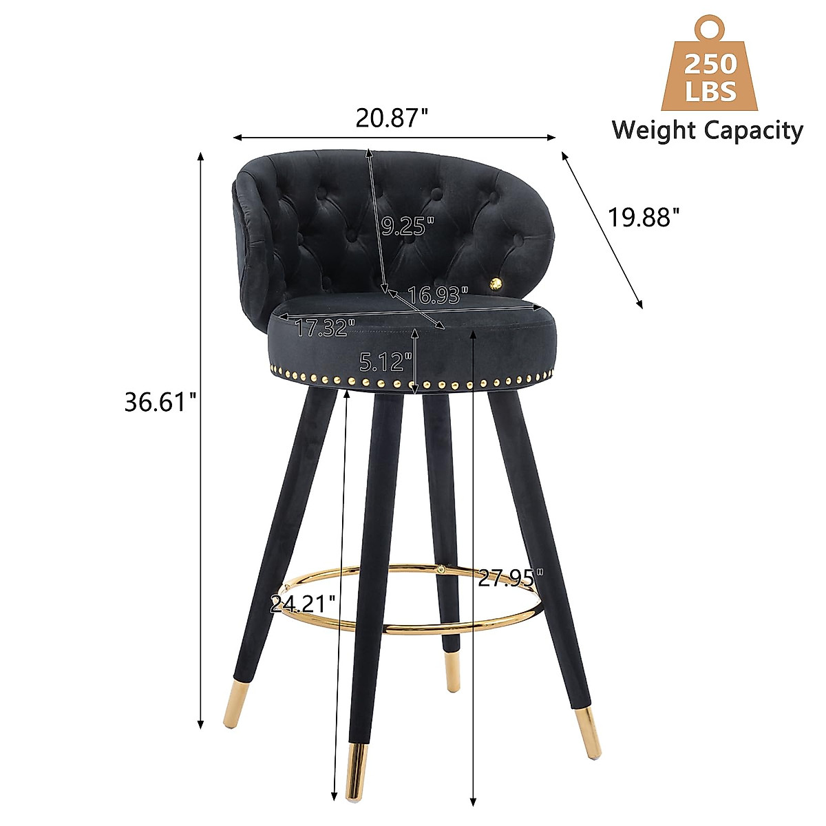 GNIXUU Velvet Bar Stools Set of 4, 360 Degree Swivel Counter Stools with Back, Modern Tufted Upholstered Counter Height Bar Stools, 28 Inch Kitchen Island Bar Chair, Solid Wood Legs(Black)