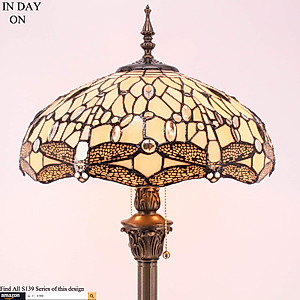 WERFACTORY Tiffany Floor Lamp Dragonfly Cream Stained Glass Standing Reading Light 16X16X64 Inches Antique Pole Corner Lamp Decor Bedroom Living Room Home Office S139 Series