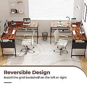 PRAISUN L Shaped Office Desk with Power Outlets, Reversible Computer Desk with Grid Bookshelf and Storage Bag, Gaming Desk, Home Office Desk Corner Desk with Hooks, Rustic Brown