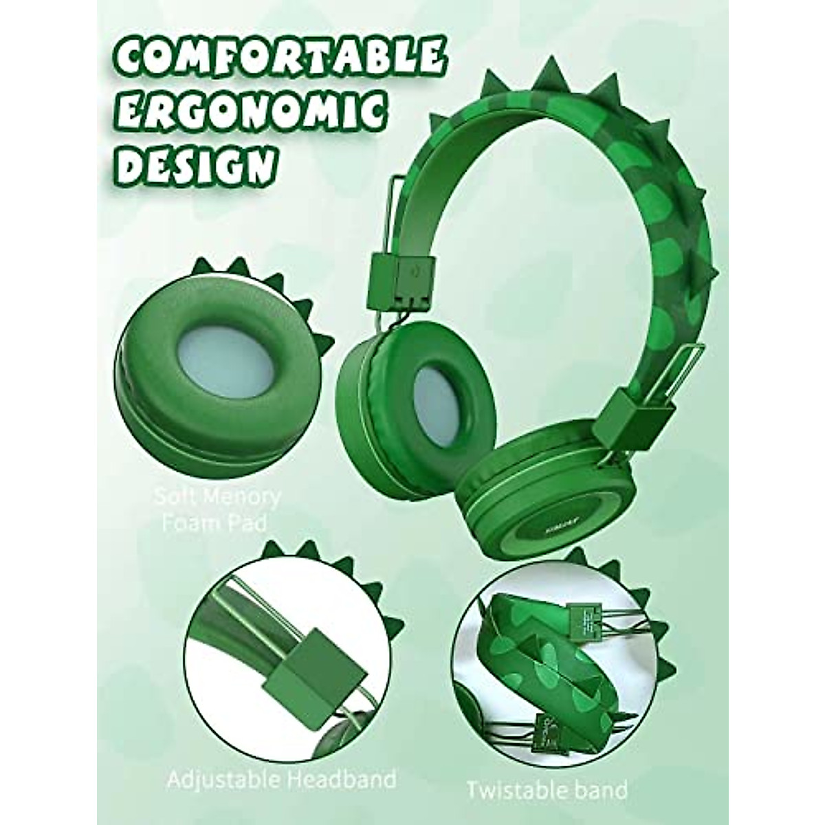 SIMJAR Dinosaur & Cat Ear Kids Headphones with Microphone for School, Volume Limiter 85/94dB, Wired Girls Headphones with Foldable Design for Online Learning/Travel/Tablet/iPad