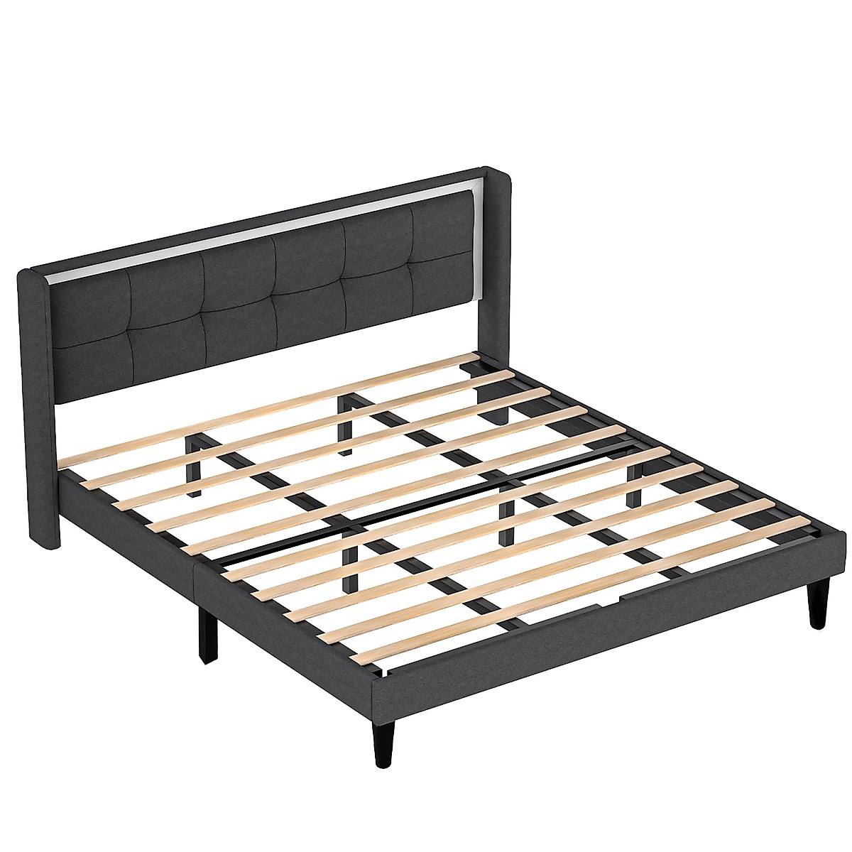 Queen Size Upholstered Platform Bed Frame with Headboard and Sturdy Wooden Slats, Wooden Bed for Bedroom, Non-Slip and Noise-Free, No Box Spring Needed, Easy Assembly, Dark Gray