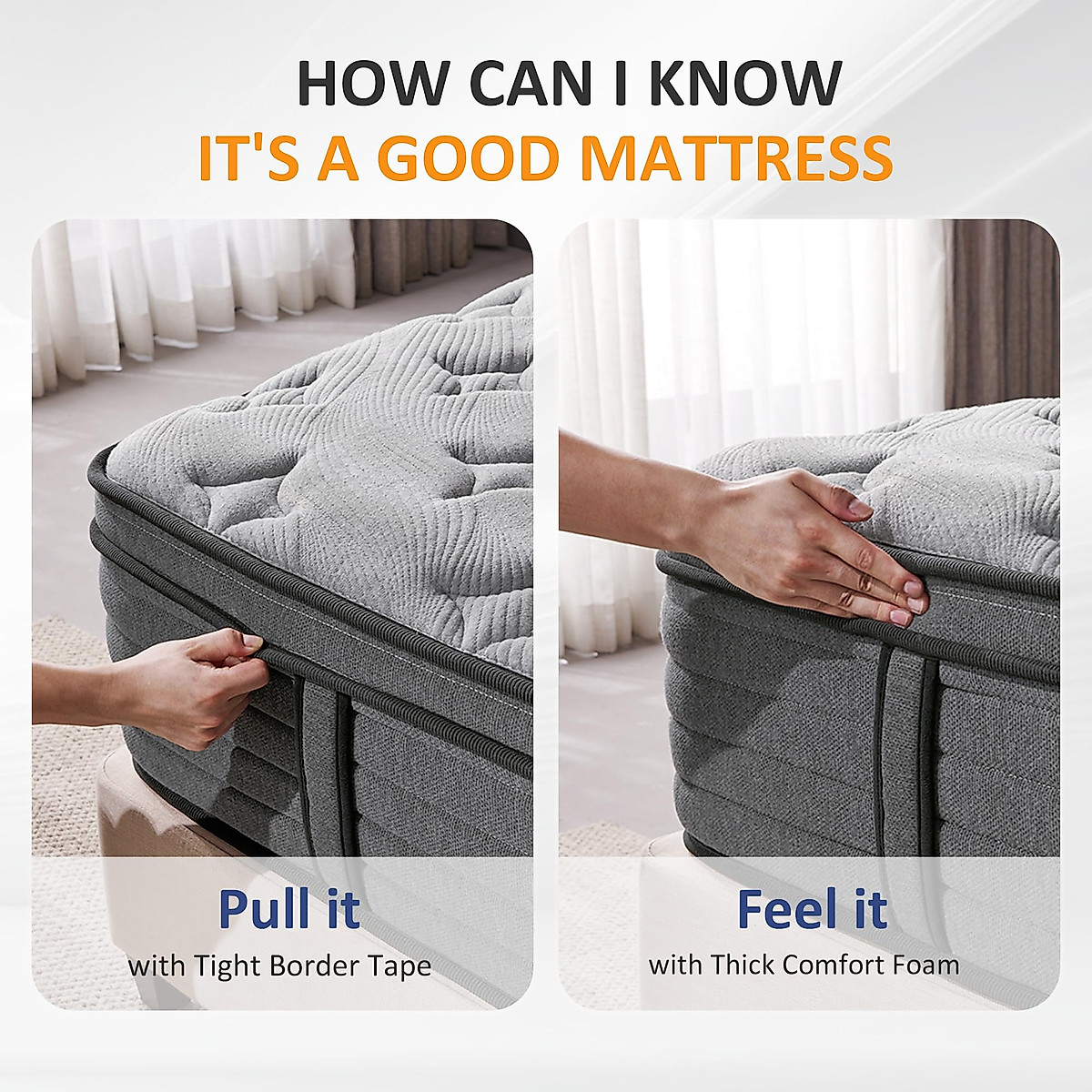 Queen Mattress 14 Inch, Firm Supportive Mattress Designed with Tight Line & Thick Foam Edges for Back Sleepers & Stomach Sleepers, Euro Top Enhanced Pocket Spring Hybrid Memory Foam Mattress