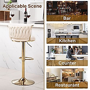 HANLIVES Velvet Bar Stools Set of 4,360° Woven Modern Gold Bar Stools,Swivel Adjustable Height Barstools with Backs Gold Metal Tall Kitchen Counter Chairs for Bar Pub Cafe(Beige*4)