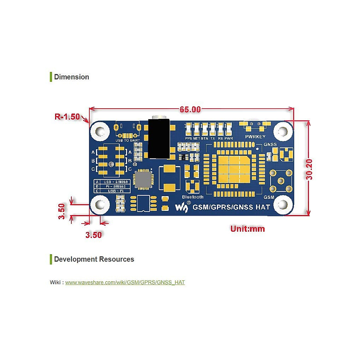 Waveshare GSM/GPRS/GNSS/Bluetooth HAT for Raspberry Pi 2B/3B/3B+/Zero/Zero W Based on SIM868 Support SMS Data Transfer ect.