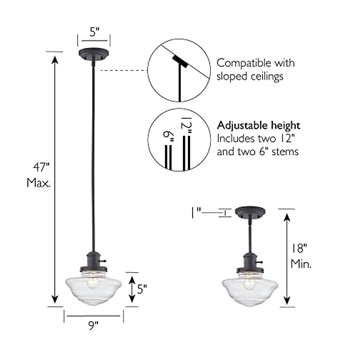 Design House 587451 Schoolhouse Modern Industrial Farmhouse Indoor Dimmable Pendant Light with Clear Seedy Glass for Kitchen Dining Bar Area, Matte Black