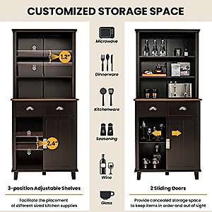 Giantex Buffet Hutch Storage Cabinet, Kitchen Pantry with 2 Drawers, Sideboard with Sliding Door, 2 Tier Shelves, Microwave Countertop, Anti-Toppling, Wood Farmhouse Cupboard for Utensil (Brown)