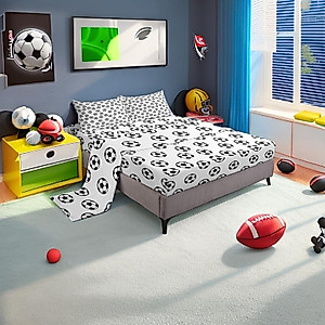 Soccer Kids Sheet Full Size,Ball Sports Games Competition Bedding Set,Girls Boys Adults Room Decor,American Football Cartoon Black White Unique Bed Sheet Set 4pcs(Fitted + Flat + 2 Pillowcases)