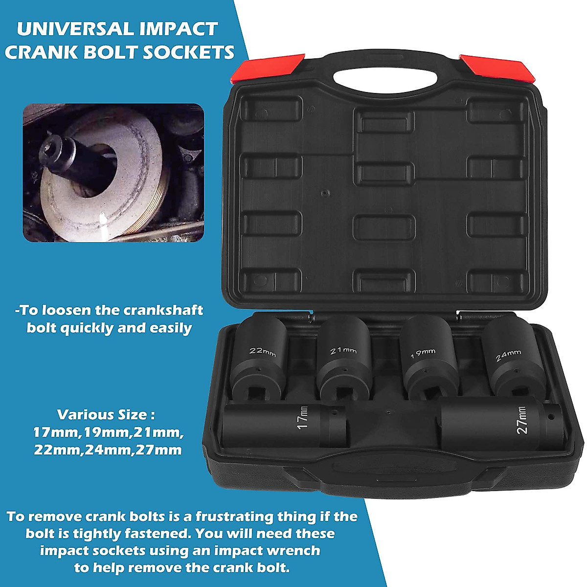 1/2" Drive Crank Bolt Socket Set, 17MM, 19MM, 21MM, 22MM, 24MM 27MM, Harmonic Balancer Socket Set, Crank Bolt Removal Tool, 3 Times Momentum Power of Standard Impact Socket Set, Deep Impact Socket Set