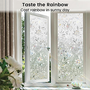 rabbitgoo Window Privacy Film, Decorative Stained Glass Window Film, Sun Blocking Glass Clings, Renter-Friendly Static Cling Frosted Sticker Covering for Home Door, Rainbow Tulip 17.5" x 78.7"